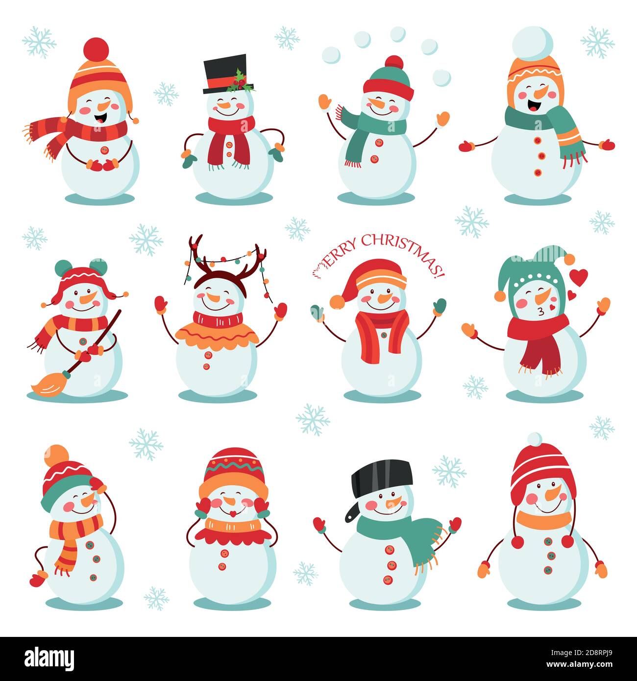 Snowman winter holidays set. Cheerful snowmen in different costumes ...