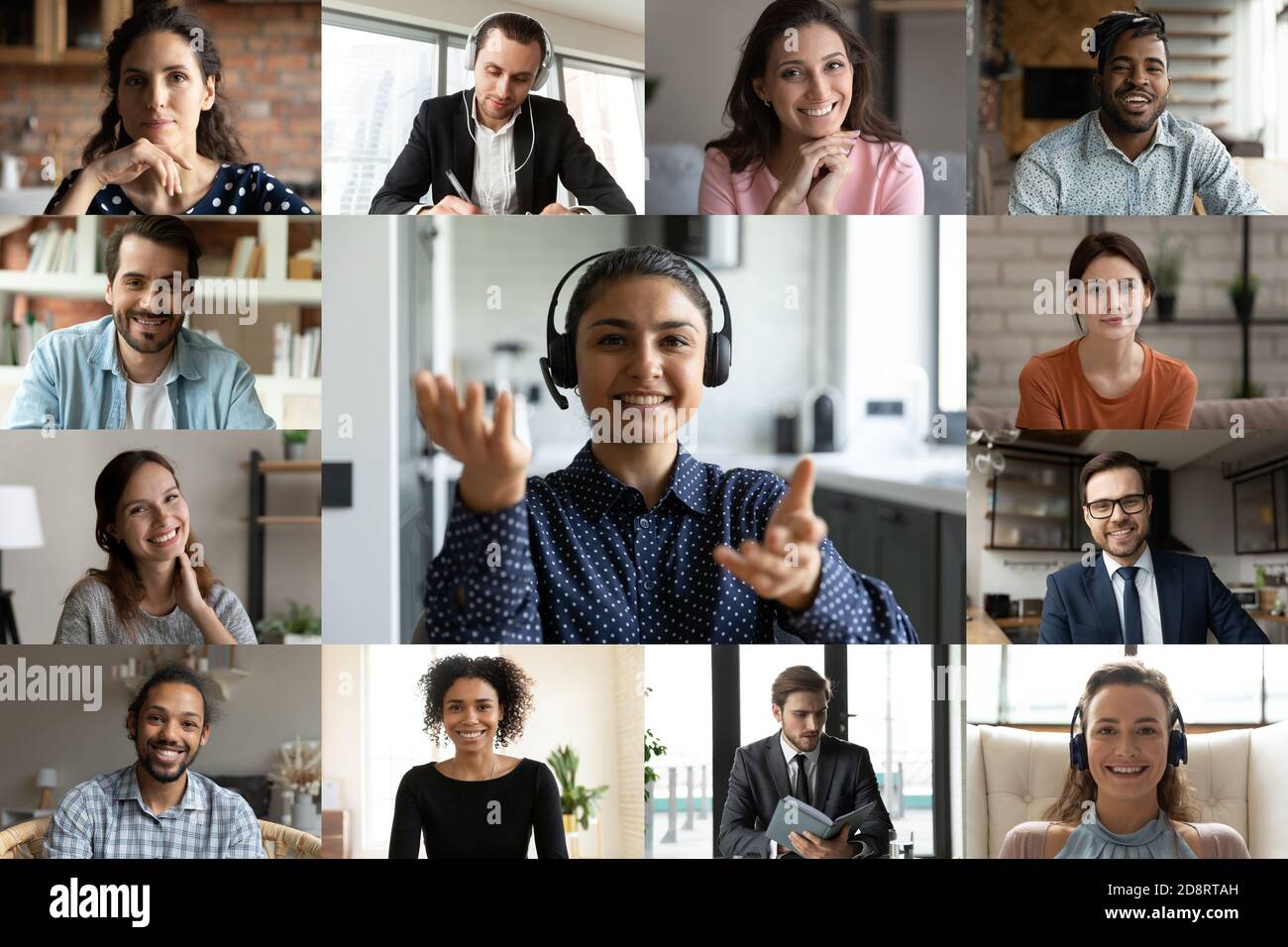 Head shot screen view diverse colleagues employees working online Stock ...