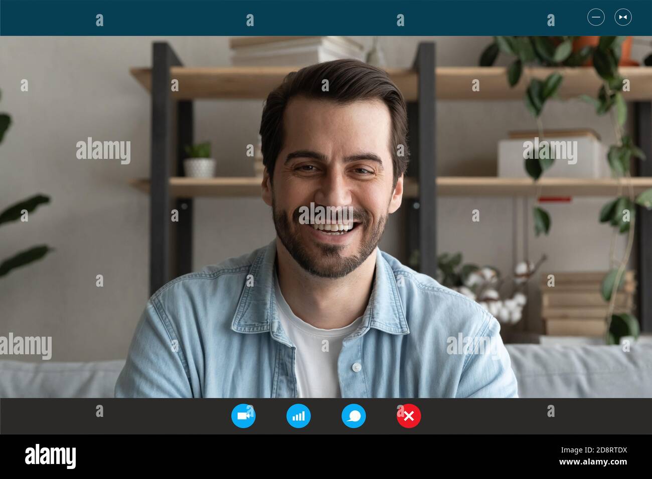 Head shot portrait screen view smiling young man chatting online Stock ...
