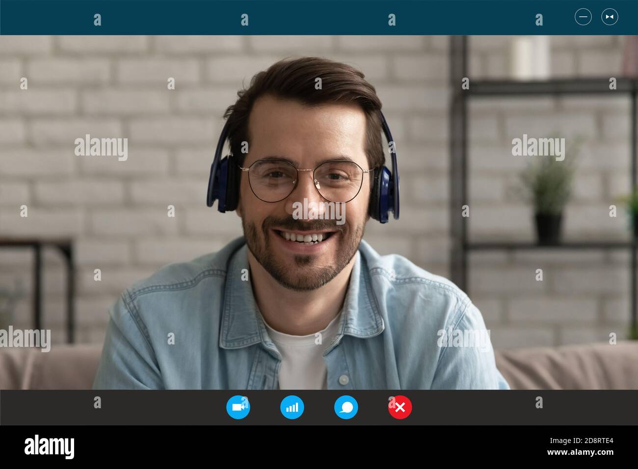 Head shot portrait screen view smiling man wearing headset Stock Photo ...