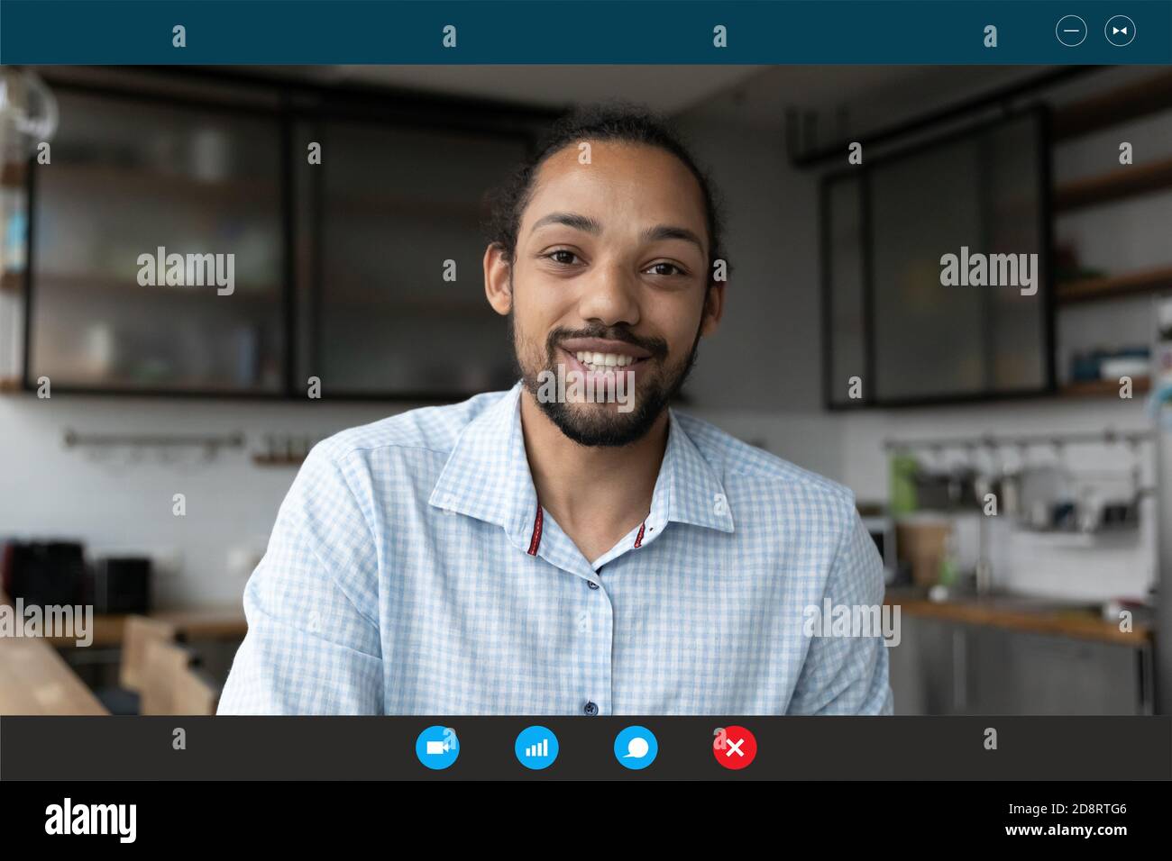 Head shot portrait screen view smiling African American man speaking ...
