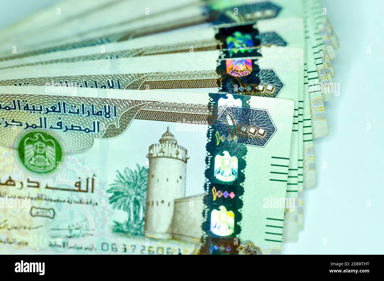 Selective focus shot of United Arab Emirates currency, dirhams isolated ...