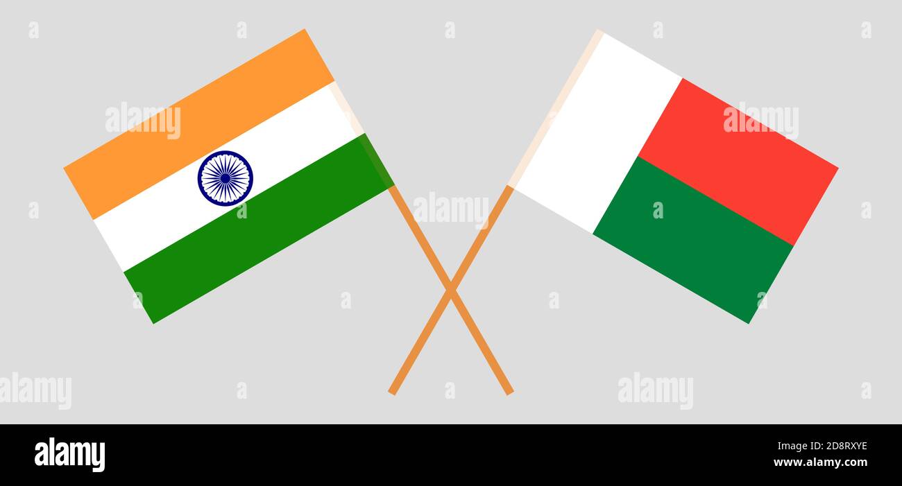 Crossed flags of Madagascar and India. Official colors. Correct ...