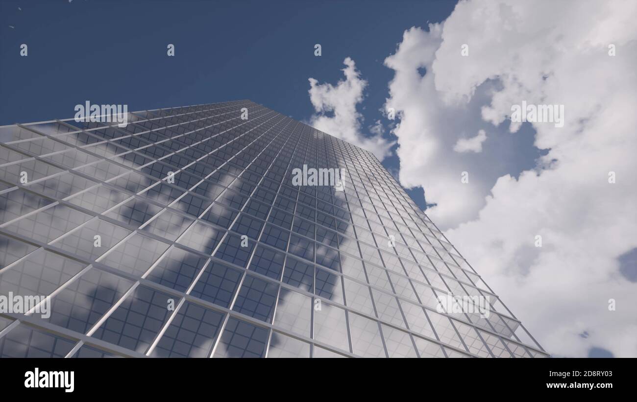 Glass skyscraper building clouds Blue sky 3d rendering Stock Photo - Alamy
