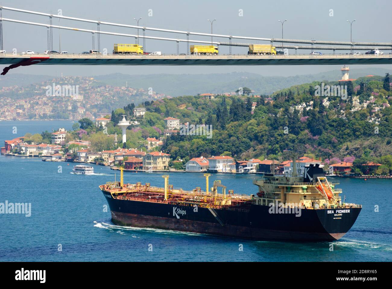 Turkey, Istanbul, Oil Tanker on The Bosphorus with Asian side in view ...