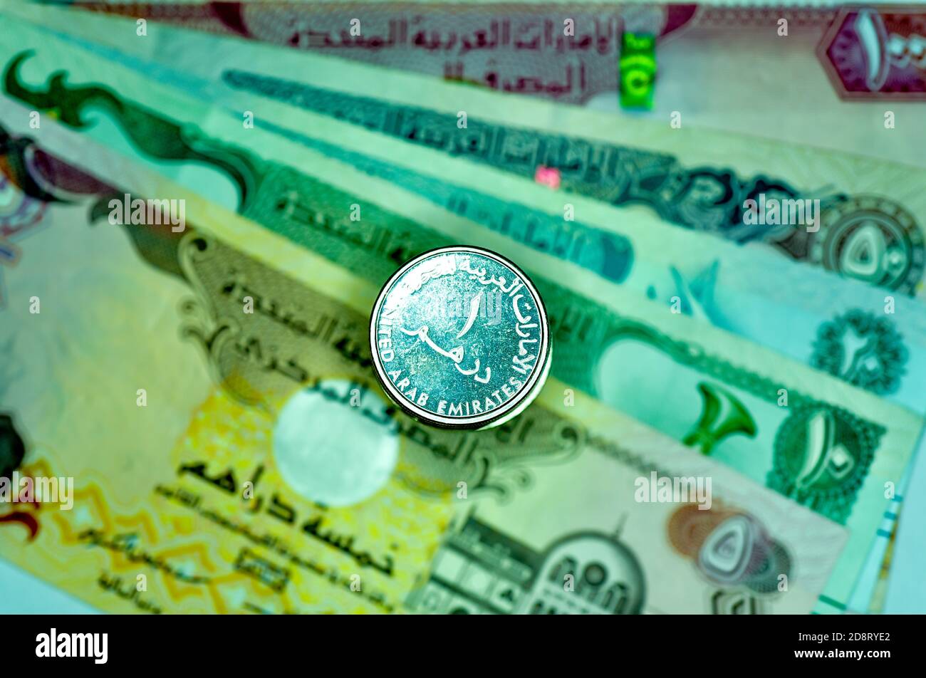 Selective focus shot of United Arab Emirates currency, dirhams isolated ...