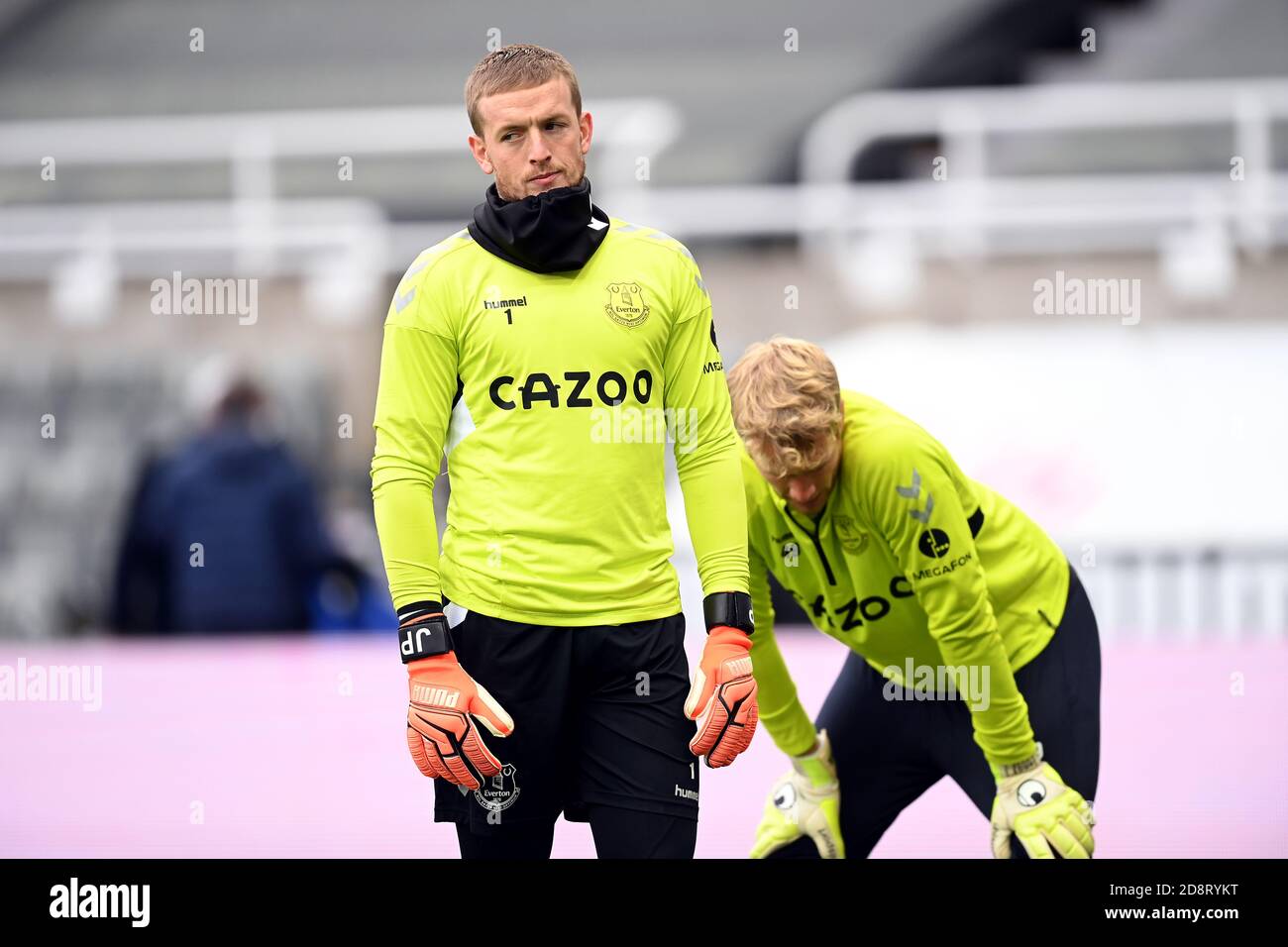 Everton goalkeeper Jordan Pickford warms up before the Premier League ...