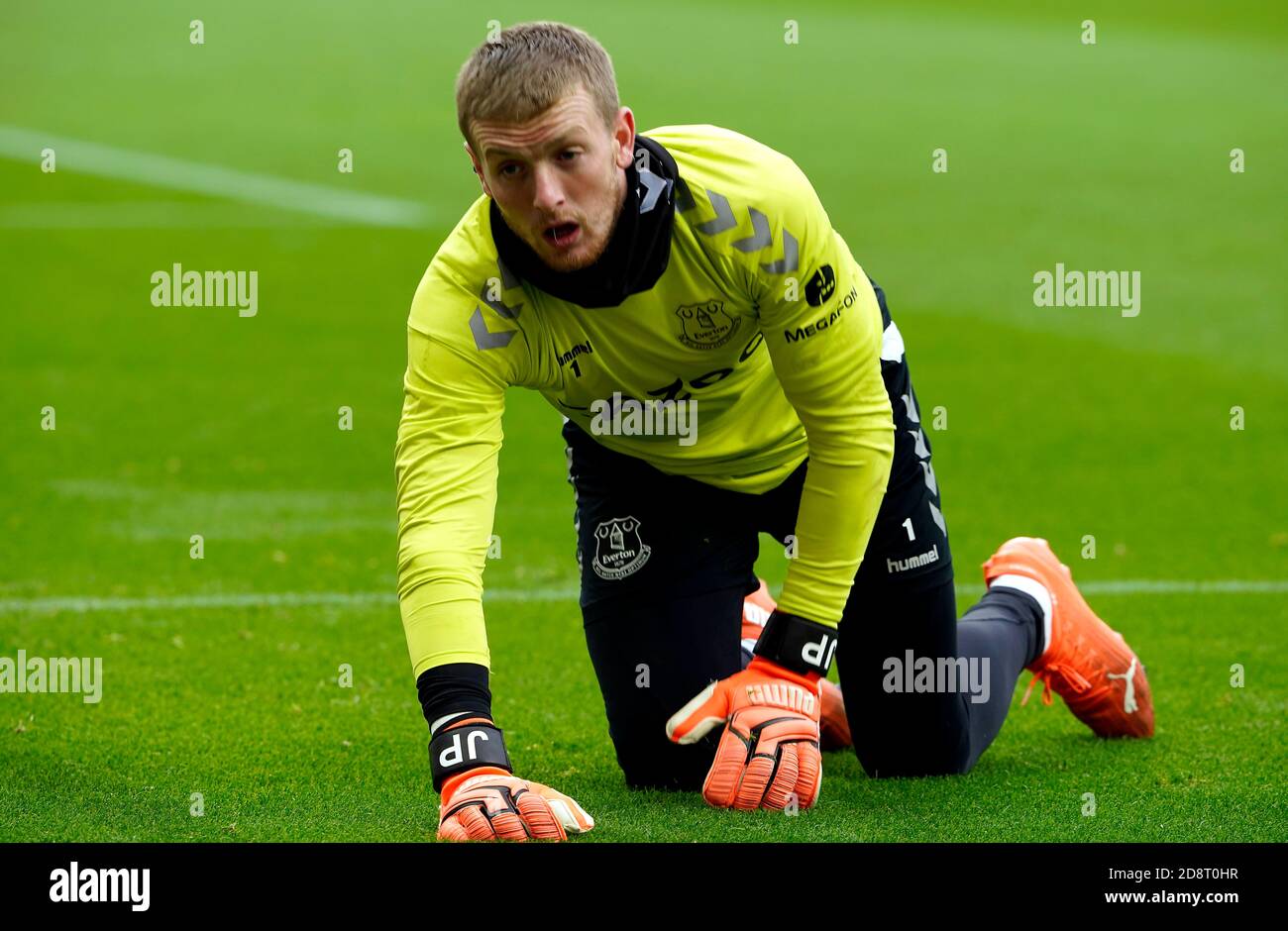 Everton goalkeeper Jordan Pickford warming up before the Premier League ...