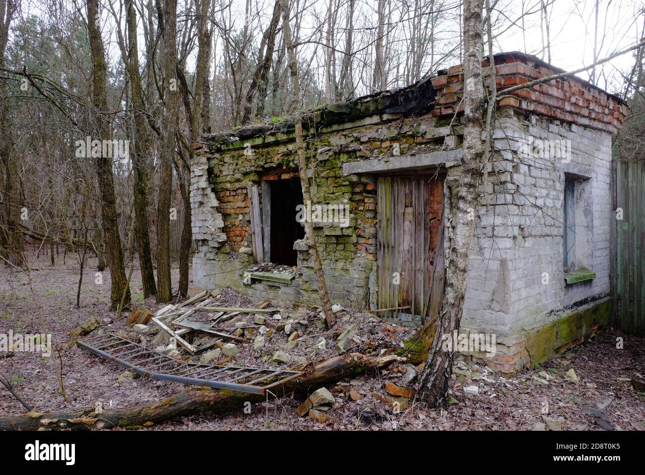 A dilapidated brick building among the trees. Cloudy autumn evening ...