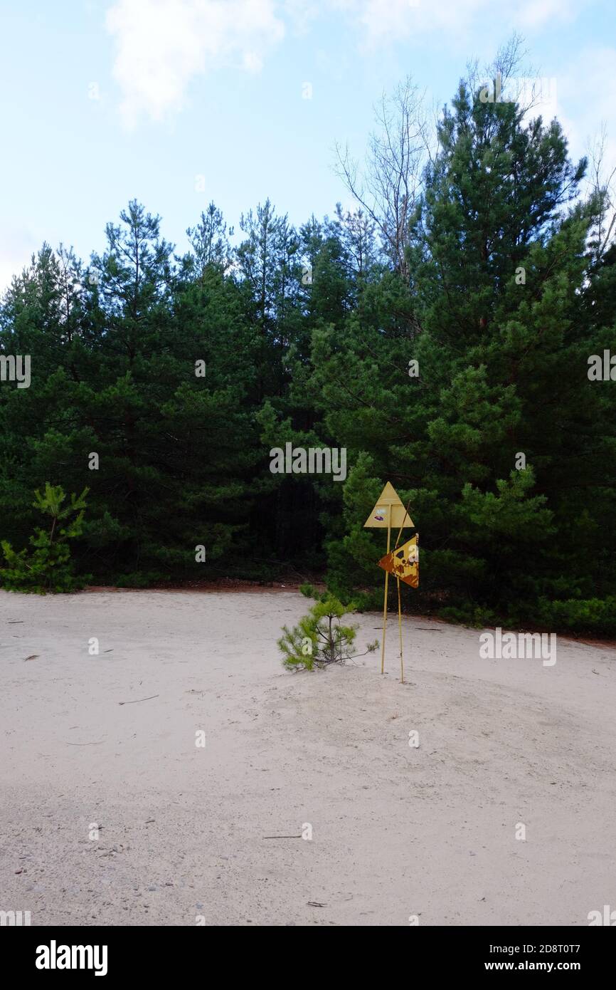 Radiation pollution sign near trees in the Chernobyl exclusion zone ...