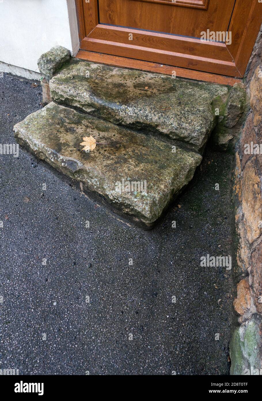 2 very old shallow stone door steps leading to a house front door Stock ...