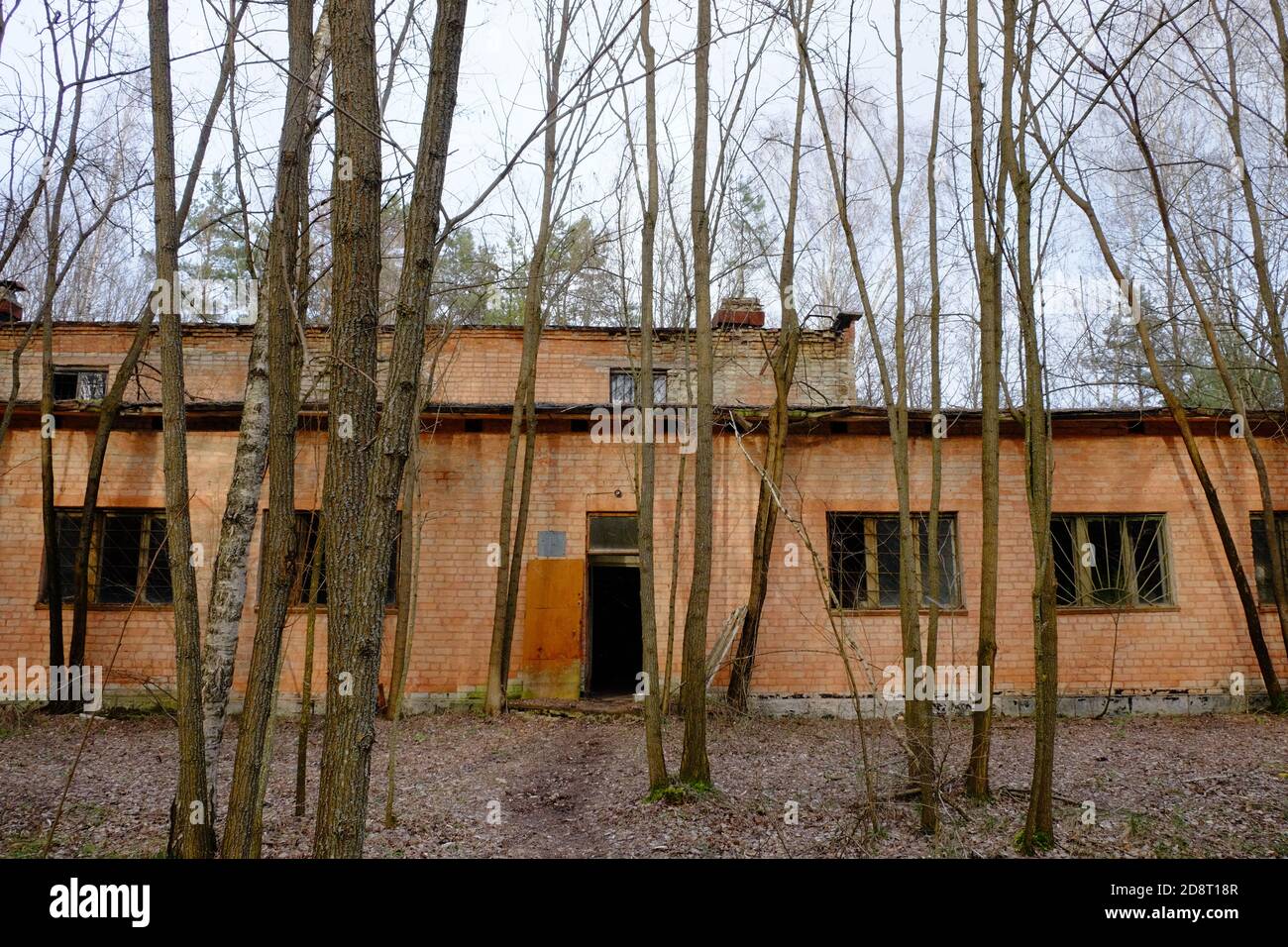 Abandoned brick buildings among trees in the Chernobyl radiation ...