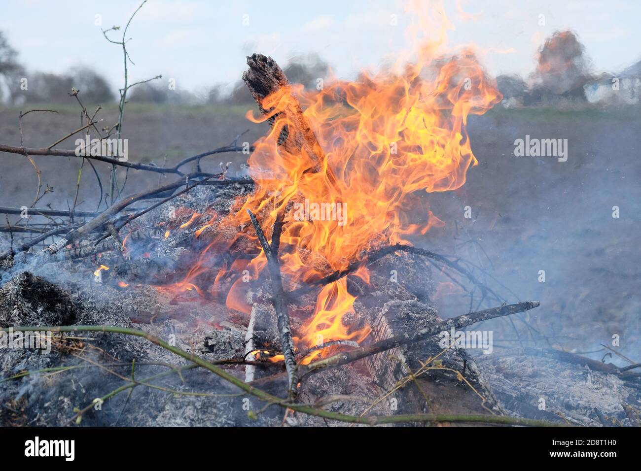 Big bonfire in the open air. A pile of ash from burnt boards and ...