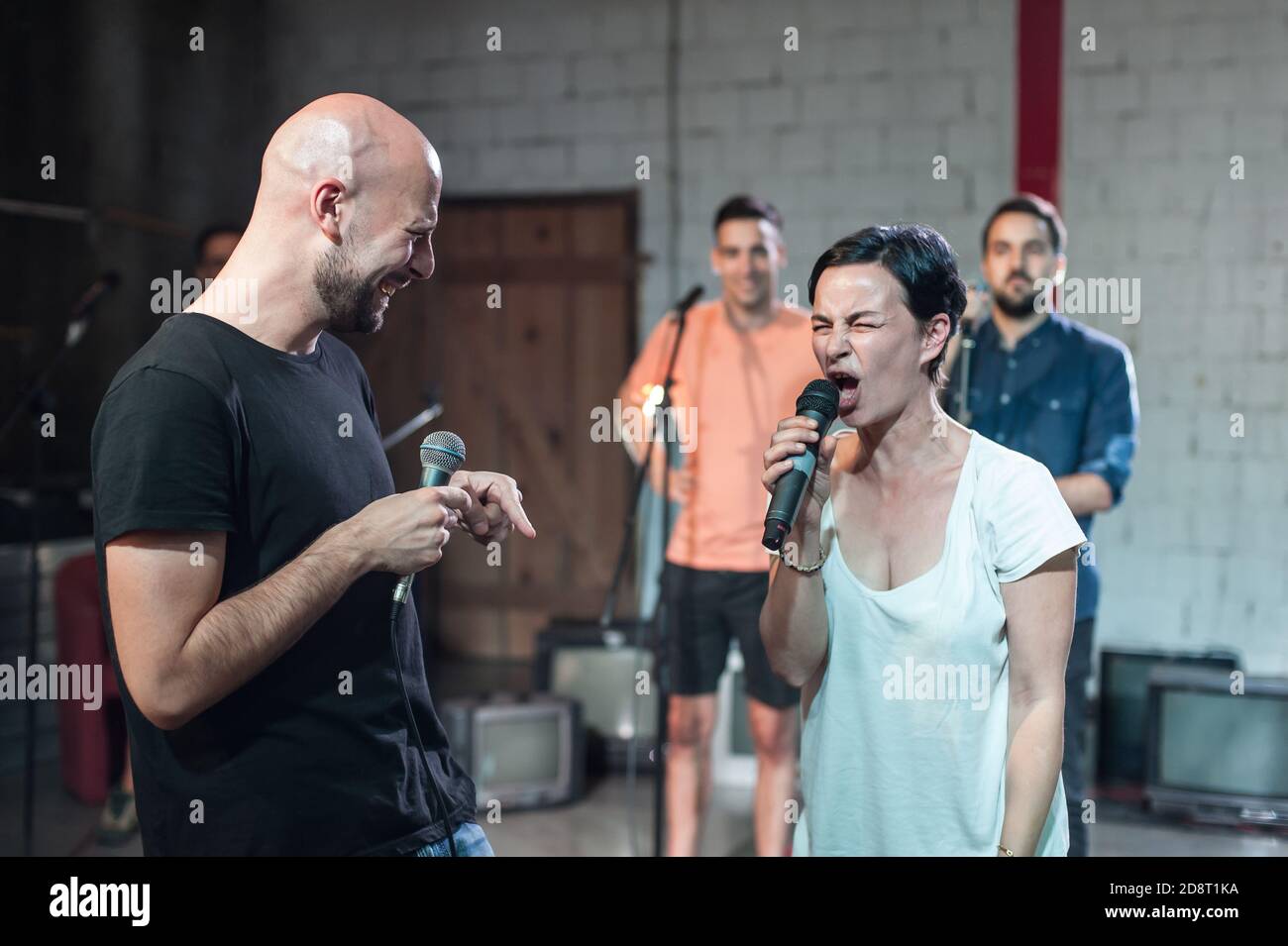 Rehearsal at theatre. Actors preparing for a role during the rehearsal ...