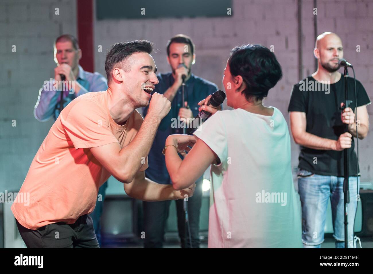 Rehearsal at theatre. Actors preparing for a role during the rehearsal ...