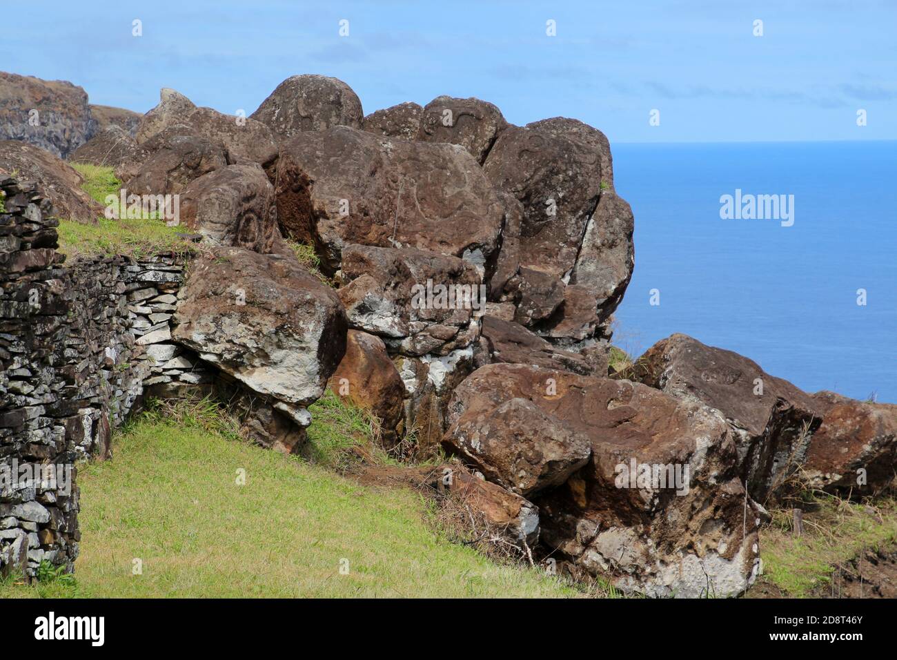 Petroglyphs in the lava rock at Rano Kau volcano, Easter Island Stock ...