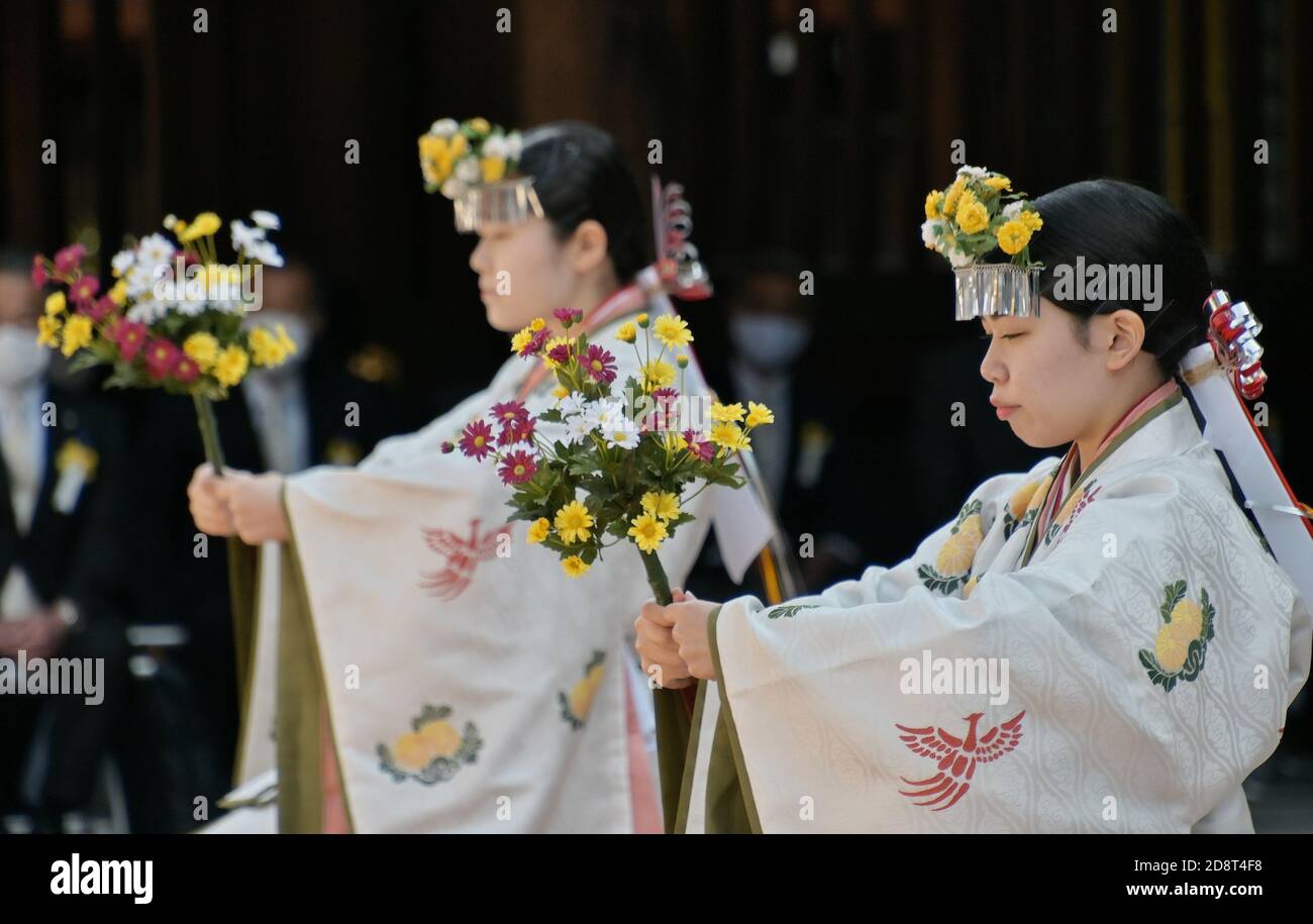 Tokyo, Japan. 01st Nov, 2020. Shrine maiden perform a newly dance ...