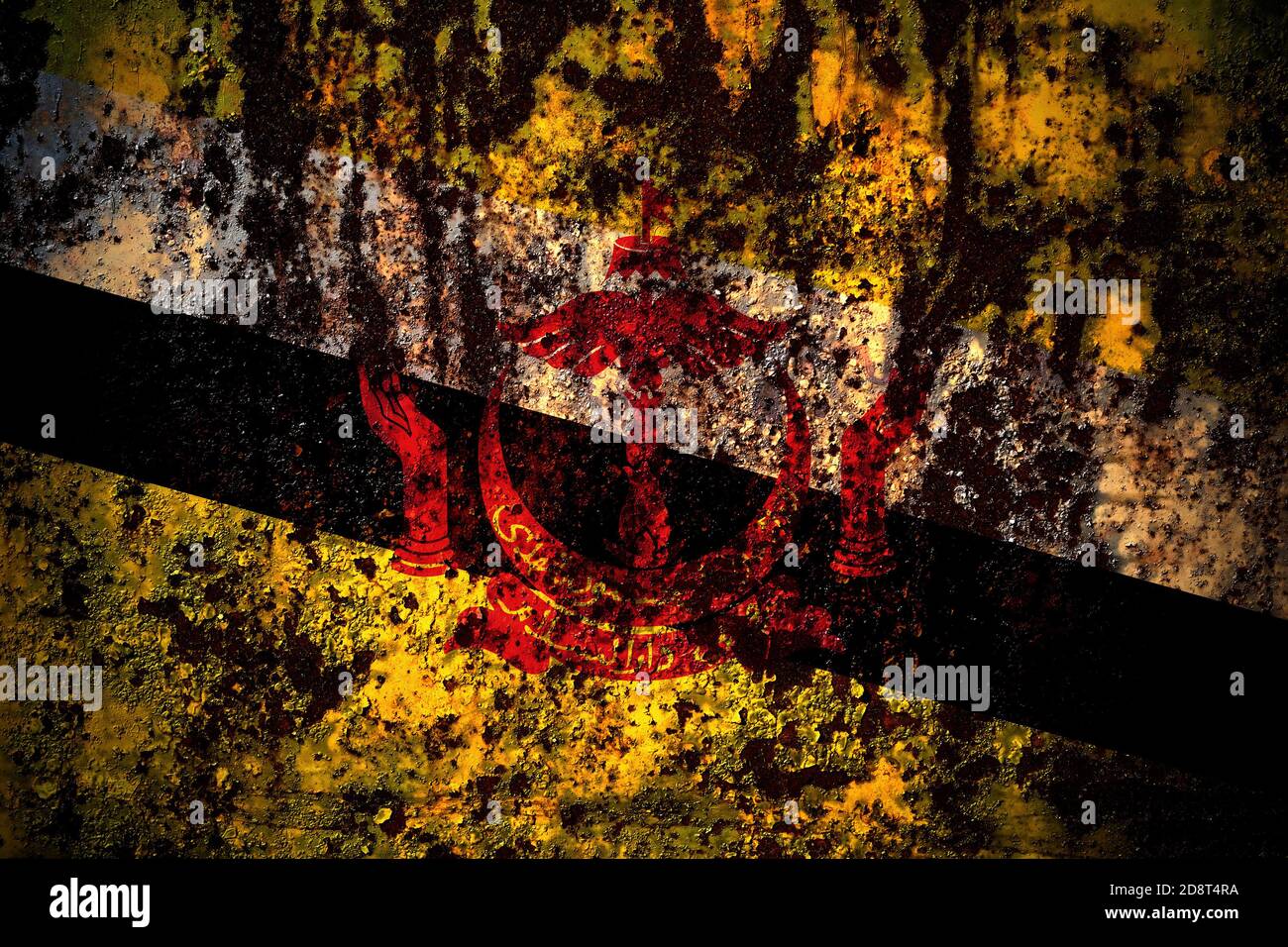 Brunei, Bruneian flag on grunge metal background texture with scratches ...