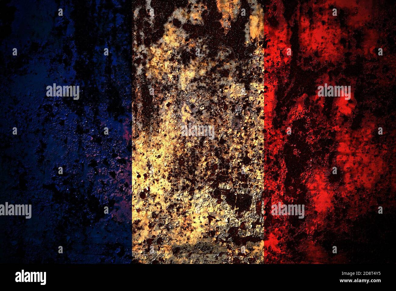 France, French flag on grunge metal background texture with scratches ...