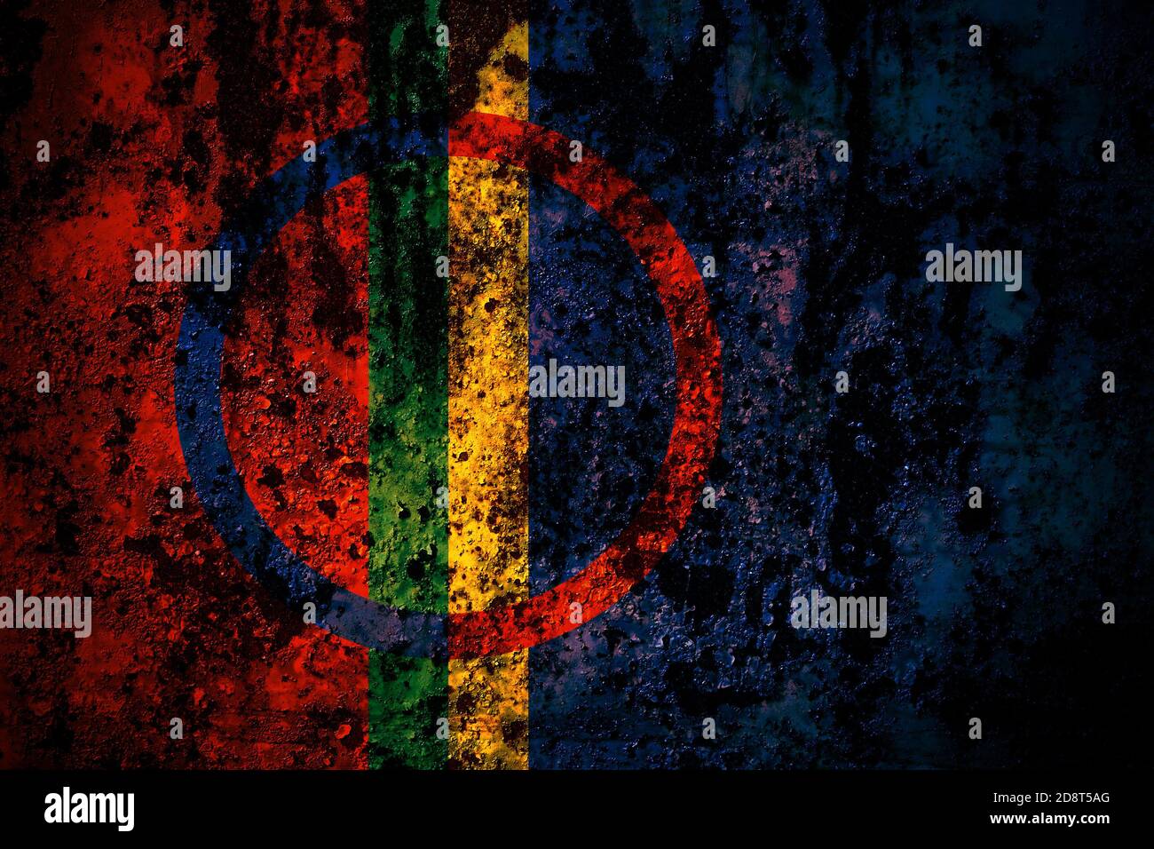 Sami flag on grunge metal background texture with scratches and cracks ...