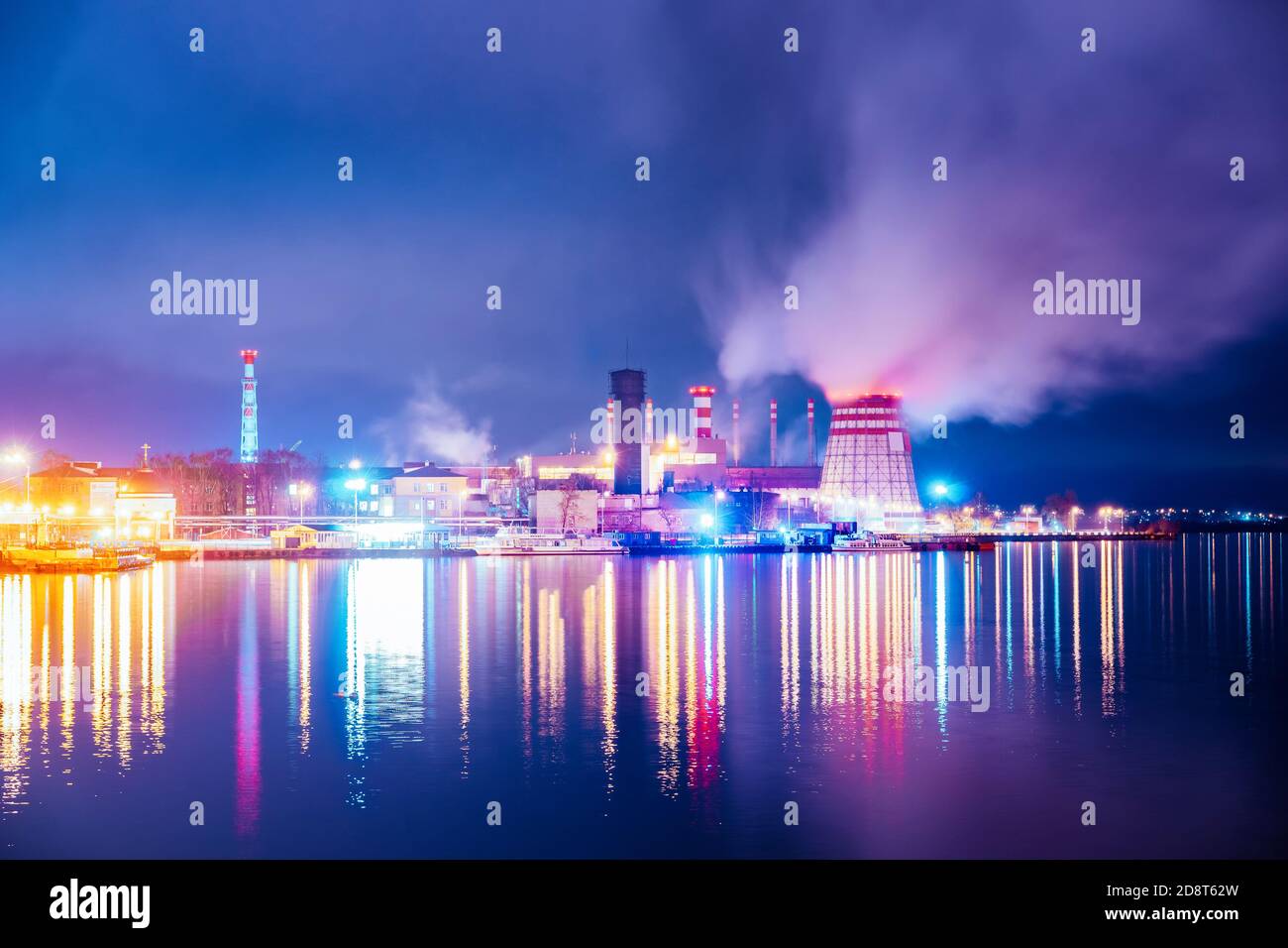 A panoramic view of the pipes and cooling towers of the CHP. Industry ...