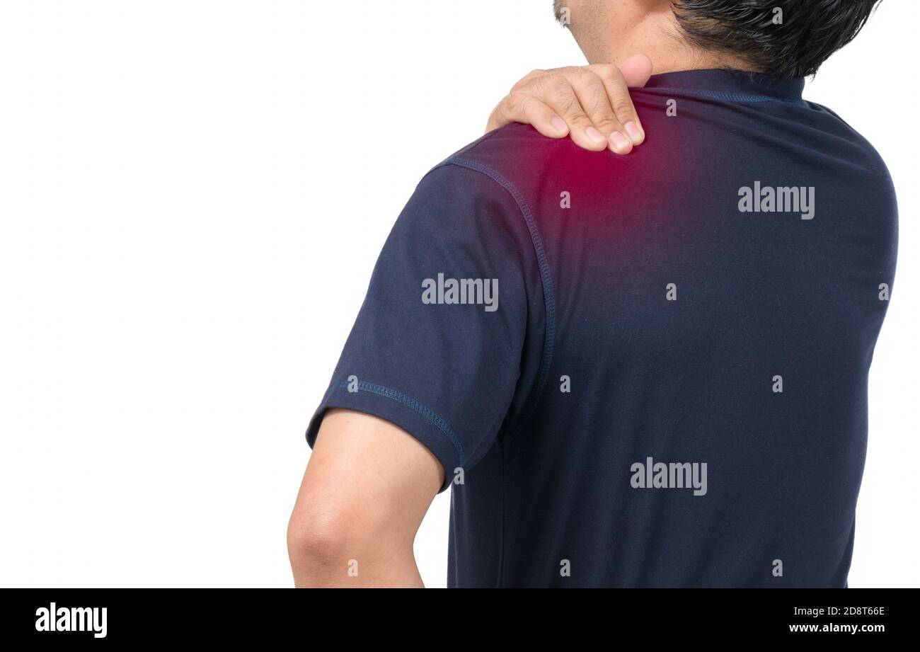 Back side of man suffering from backache isolated on white background ...