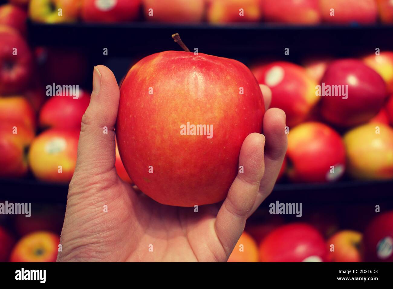 Juicy red apple held in hand with rows of apples on display with a ...