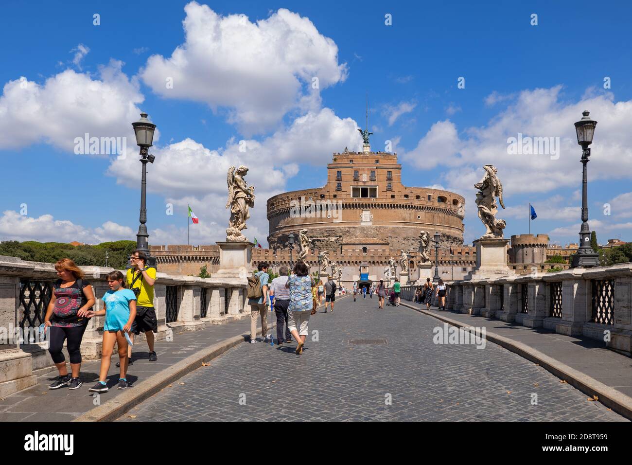 Rome city, Italy, people on St. Angelo Bridge and Castel Sant'Angelo ...