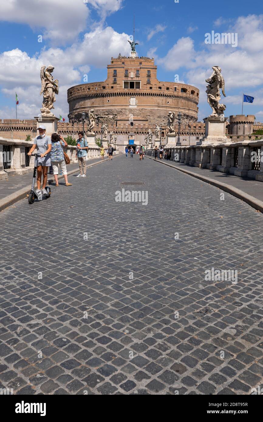 Rome city, Italy, pedestrian road on St. Angelo Bridge to Castel Sant'Angelo (Mausoleum of ...