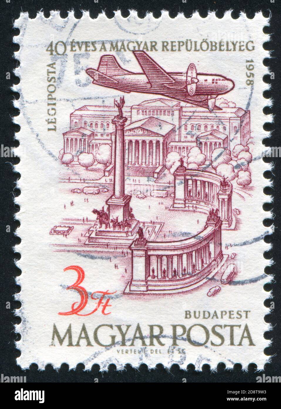 HUNGARY - CIRCA 1958: stamp printed by Hungary, shows Plane over Heroes ...