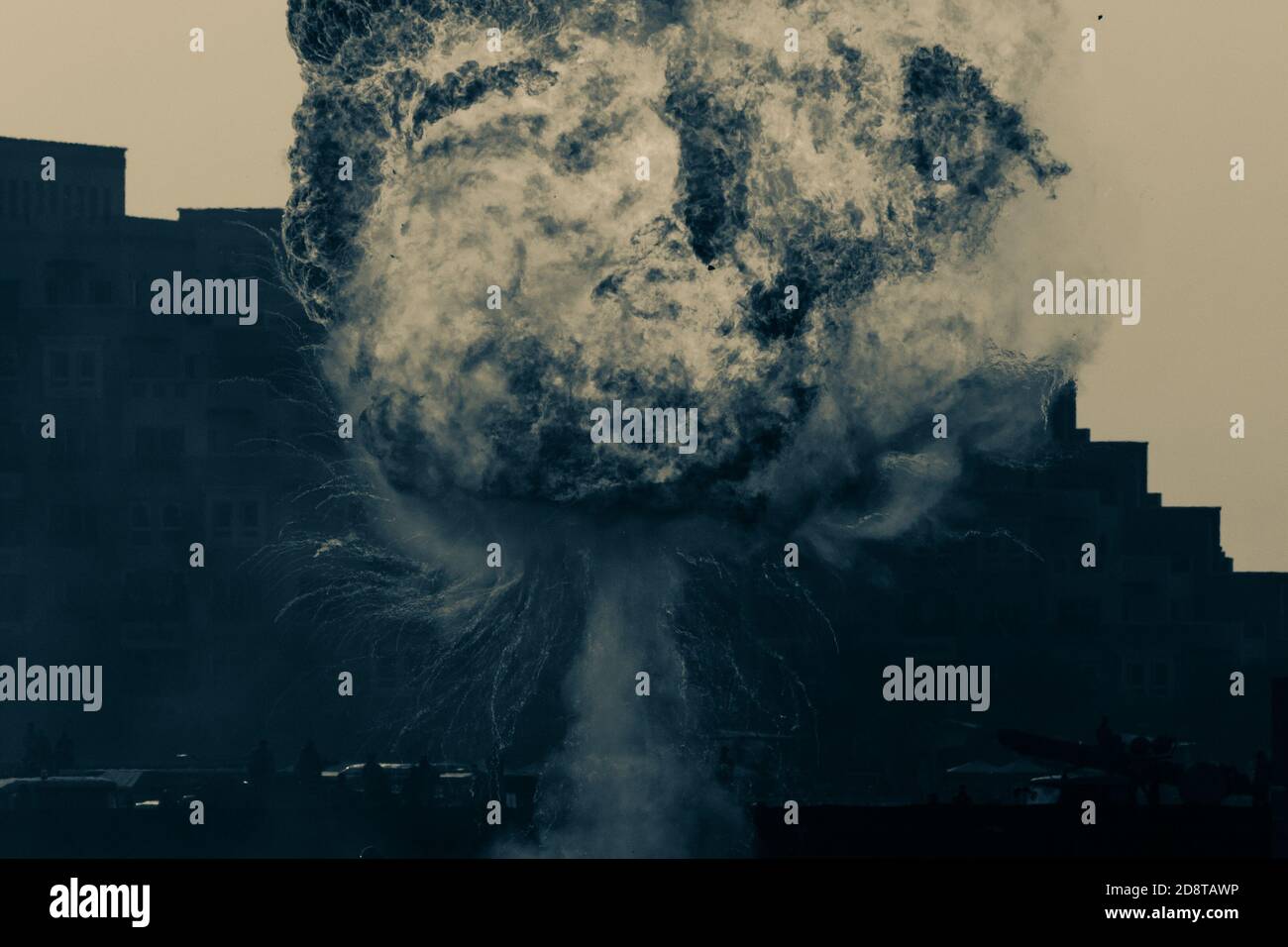 Military strike or bomb in war causes fire ball and explosion amid ...