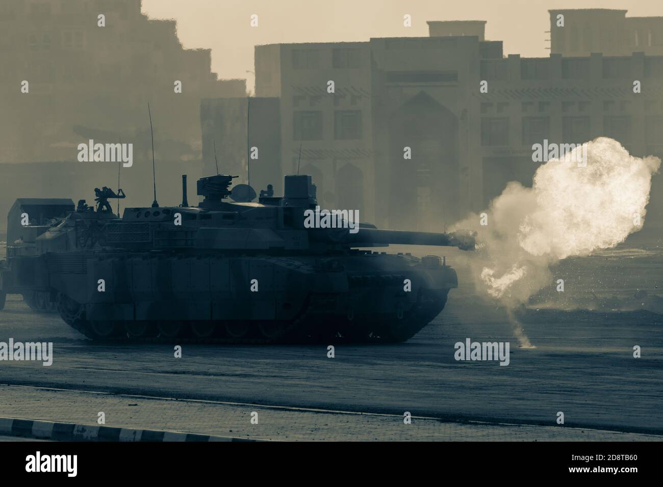 Military explosion, fighting, war and chaos. Tanks driving by through ...