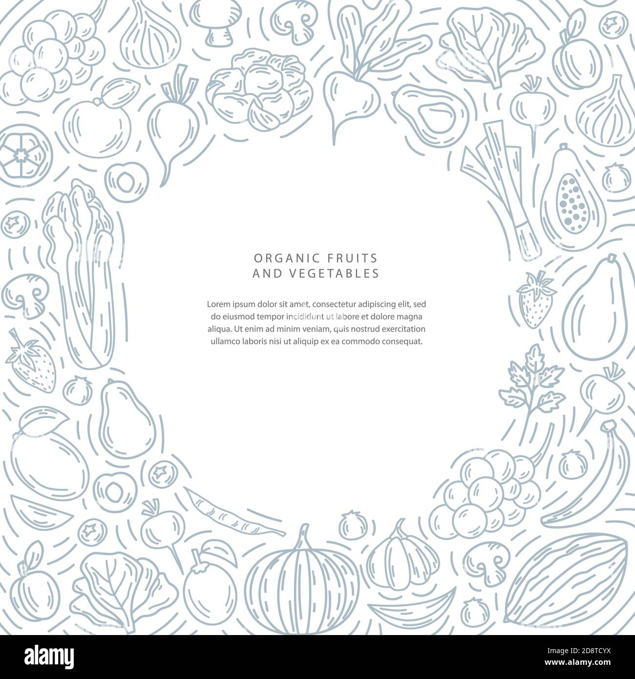 Vector fruits and vegetable composition with space for text. A bright ...