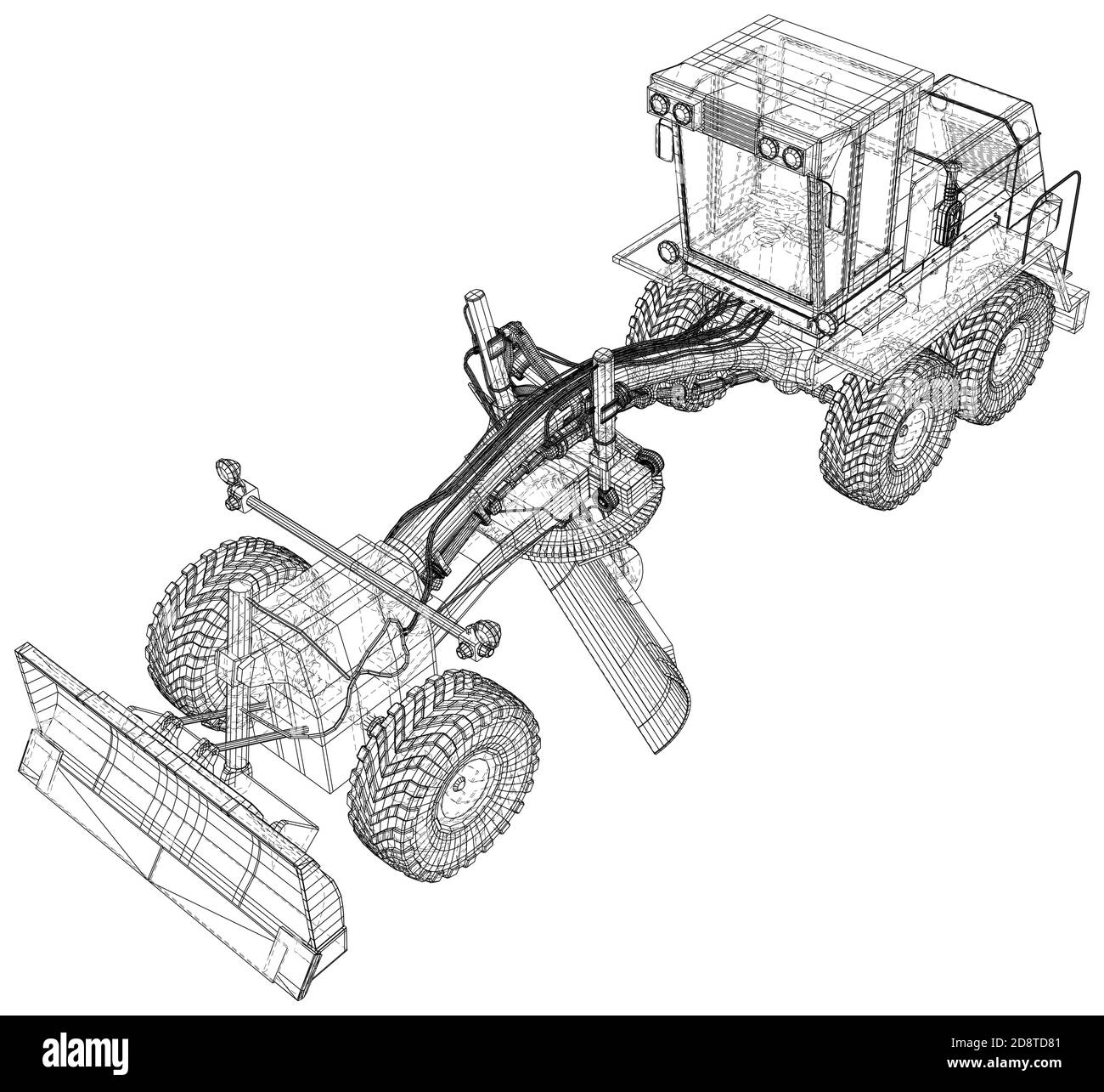 Grader. 3D rendering. Wire-frame. The layers of visible and invisible ...
