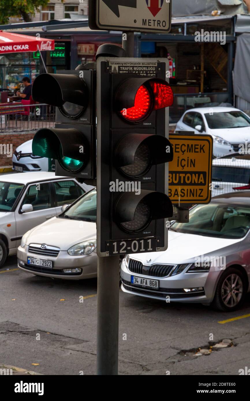 Istanbul, Turkey, Traffic Light on red in Istanbul on October 30 2019 ...