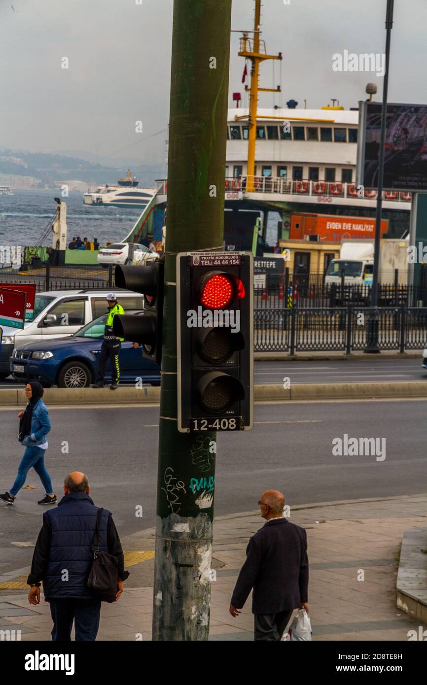 Istanbul, Turkey, Traffic Light on red in Istanbul, portrait, on ...