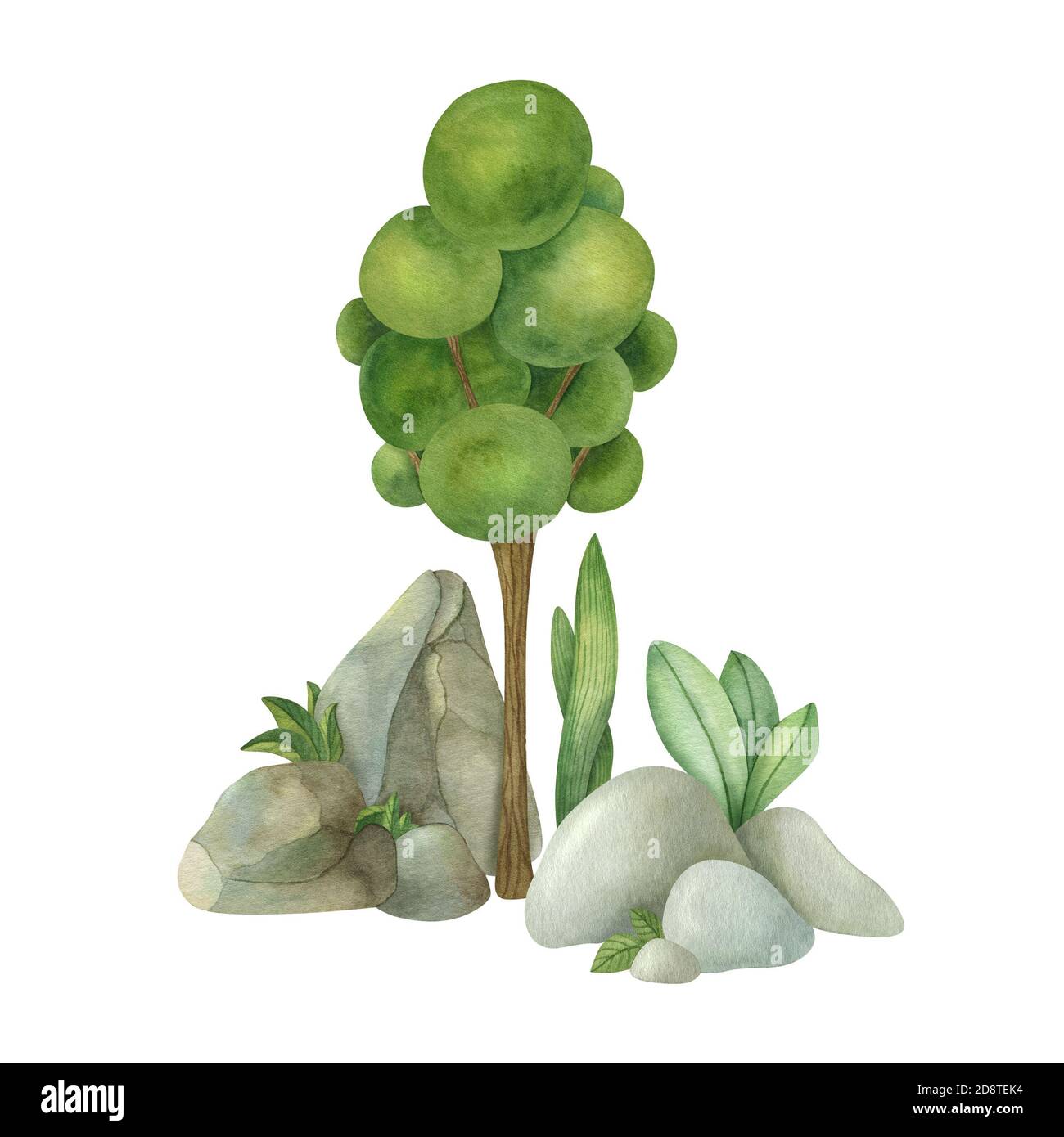 Watercolor landscape composition of tree, grass, and rock. Cartoon ...