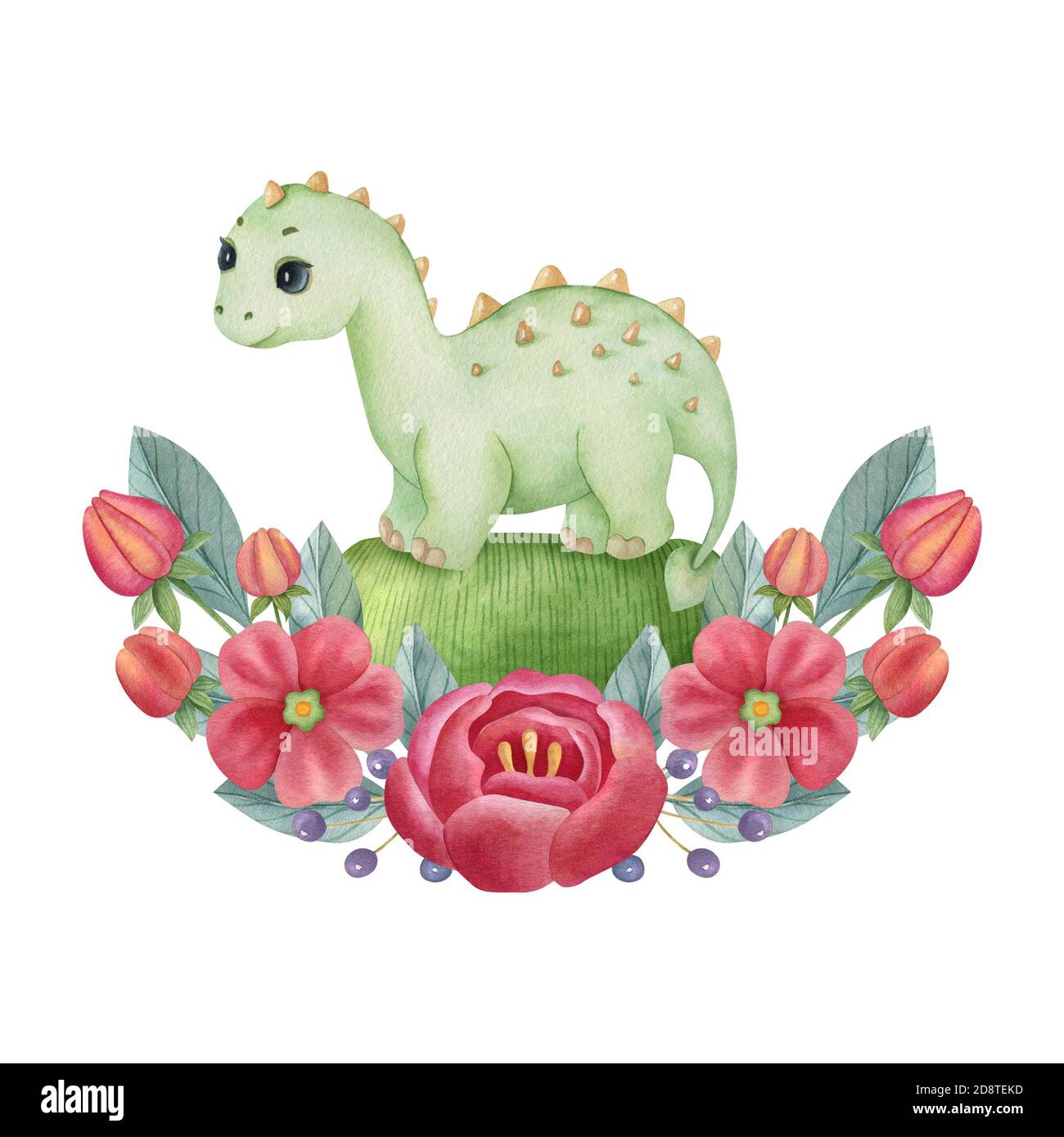 Cute little dinosaur with flower composition on the light background ...