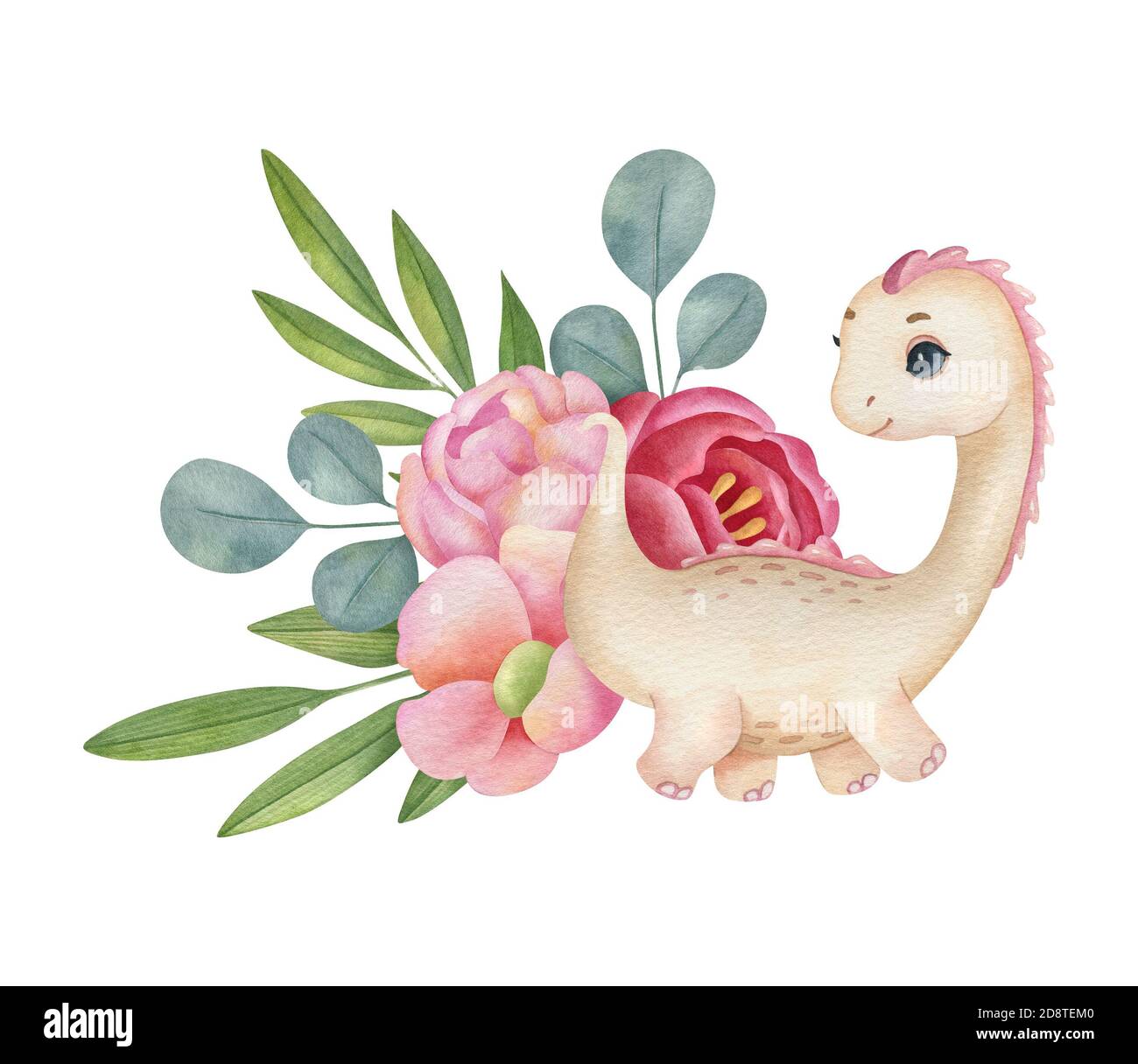Cute little dinosaur with flower composition on the light background ...