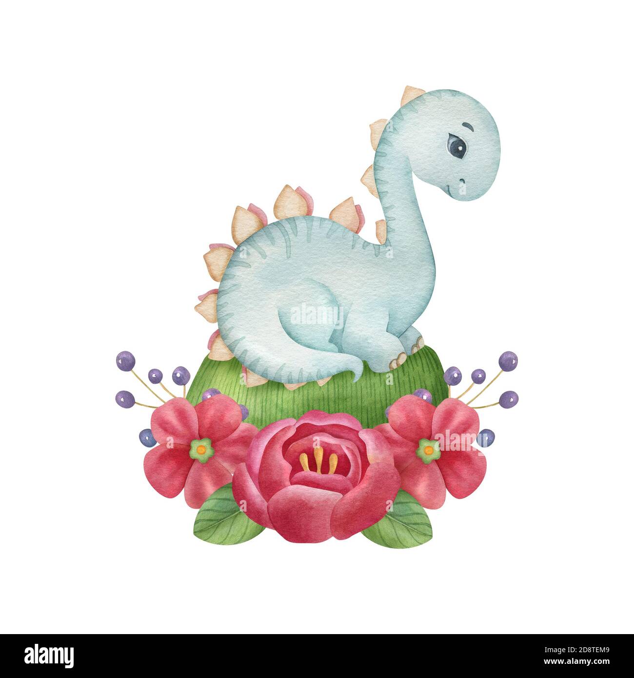 Cute little dinosaur with flower composition on the light background ...