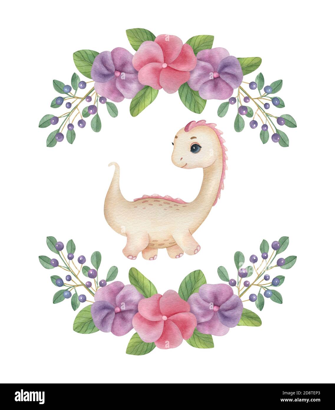 Cute little dinosaur with flower composition on the light background ...