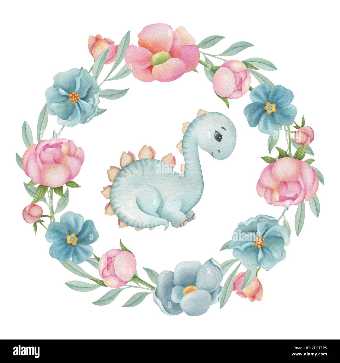 Cute little dinosaur with flower composition on the light background ...