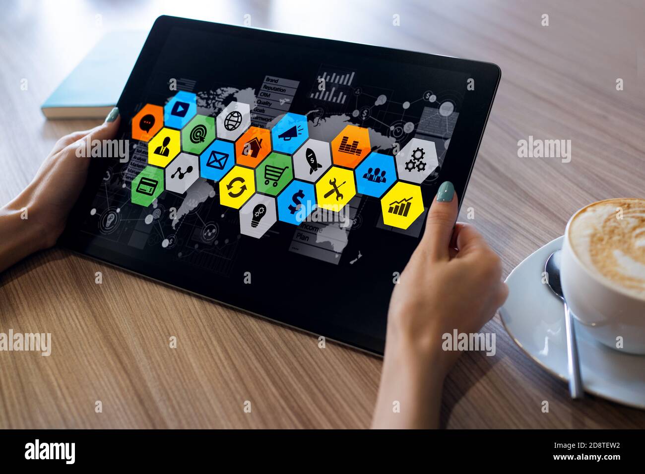 Application and diagrams on device screen. Business control panel and ...