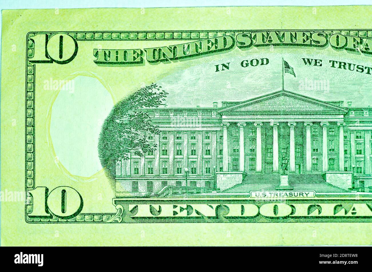 Top view shot of a ten-dollar banknote isolated on a white background ...