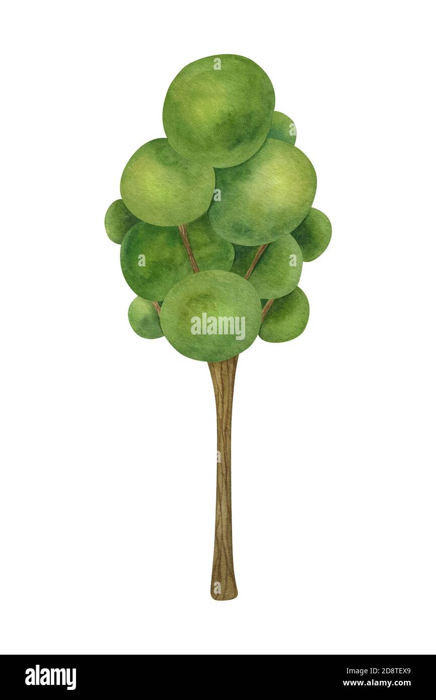 Watercolor tree. Cartoon bright isolated illustration on the light ...