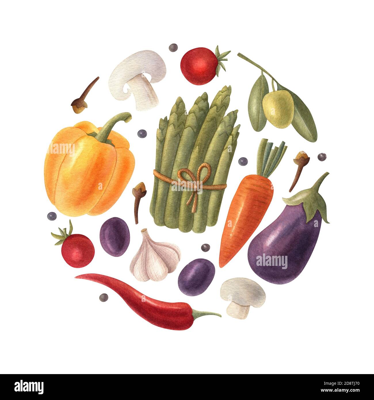 Watercolor round frame with vegetables. Hand-drawn bright illustration ...