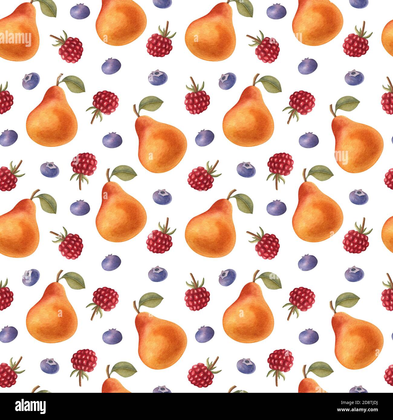 Watercolor seamless pattern with pear, raspberry, and blueberry on the ...