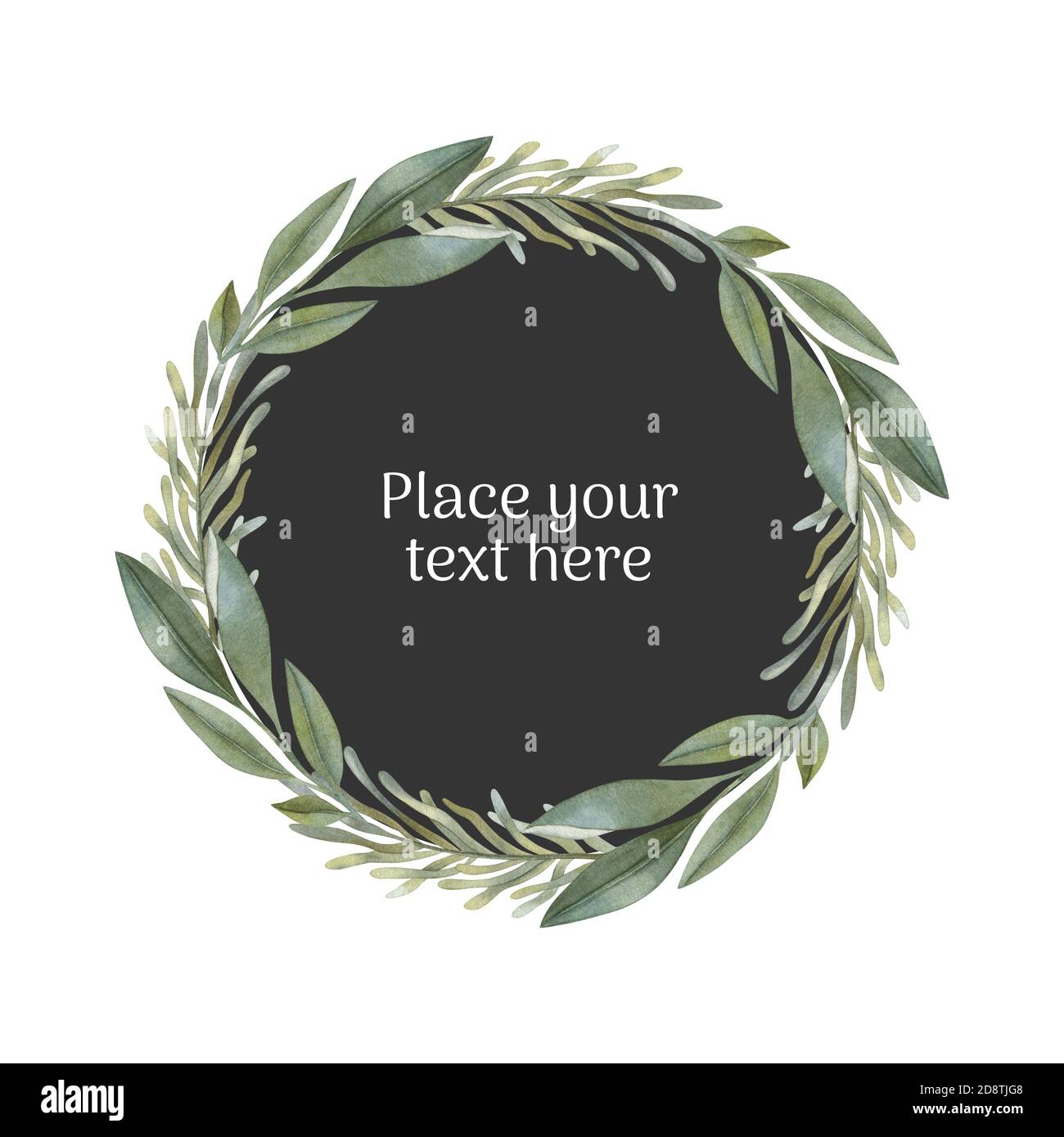 Watercolor round frame with sage and rosemary. Hand-drawn floral ...