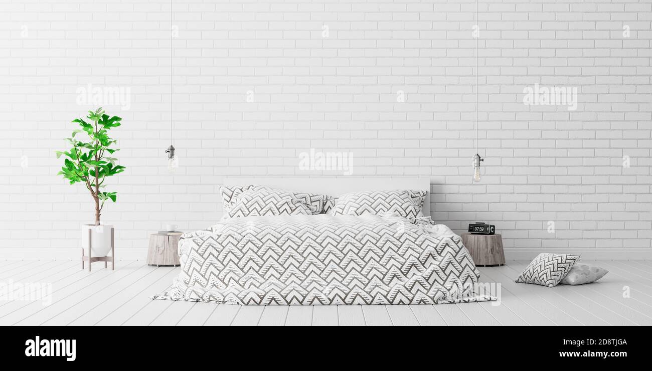 Modern white bedroom interior design with white brick wall 3d Render 3d ...