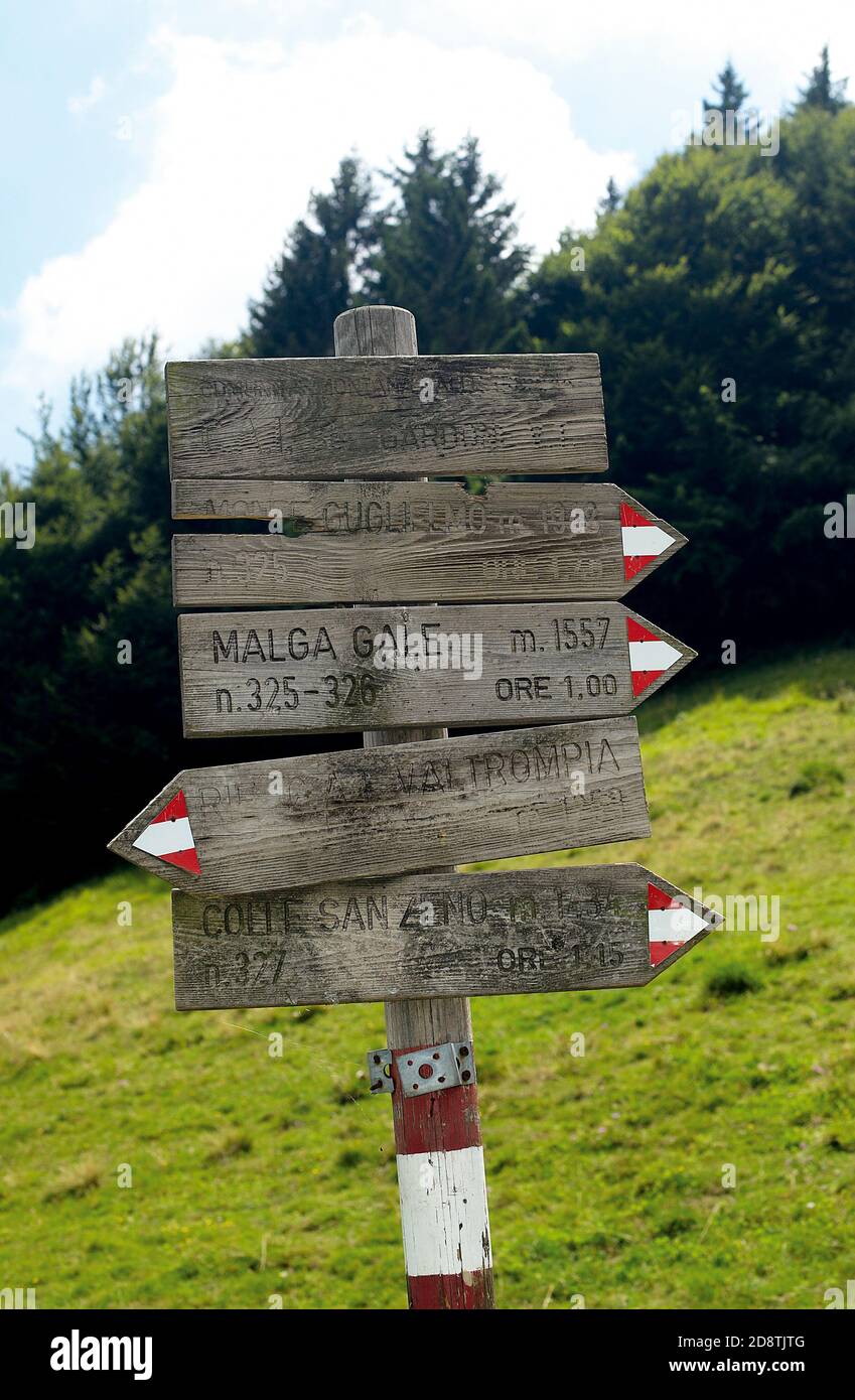 Pontogna (Bs), Trompia Valley, Italy,a road sign indicating trail ...